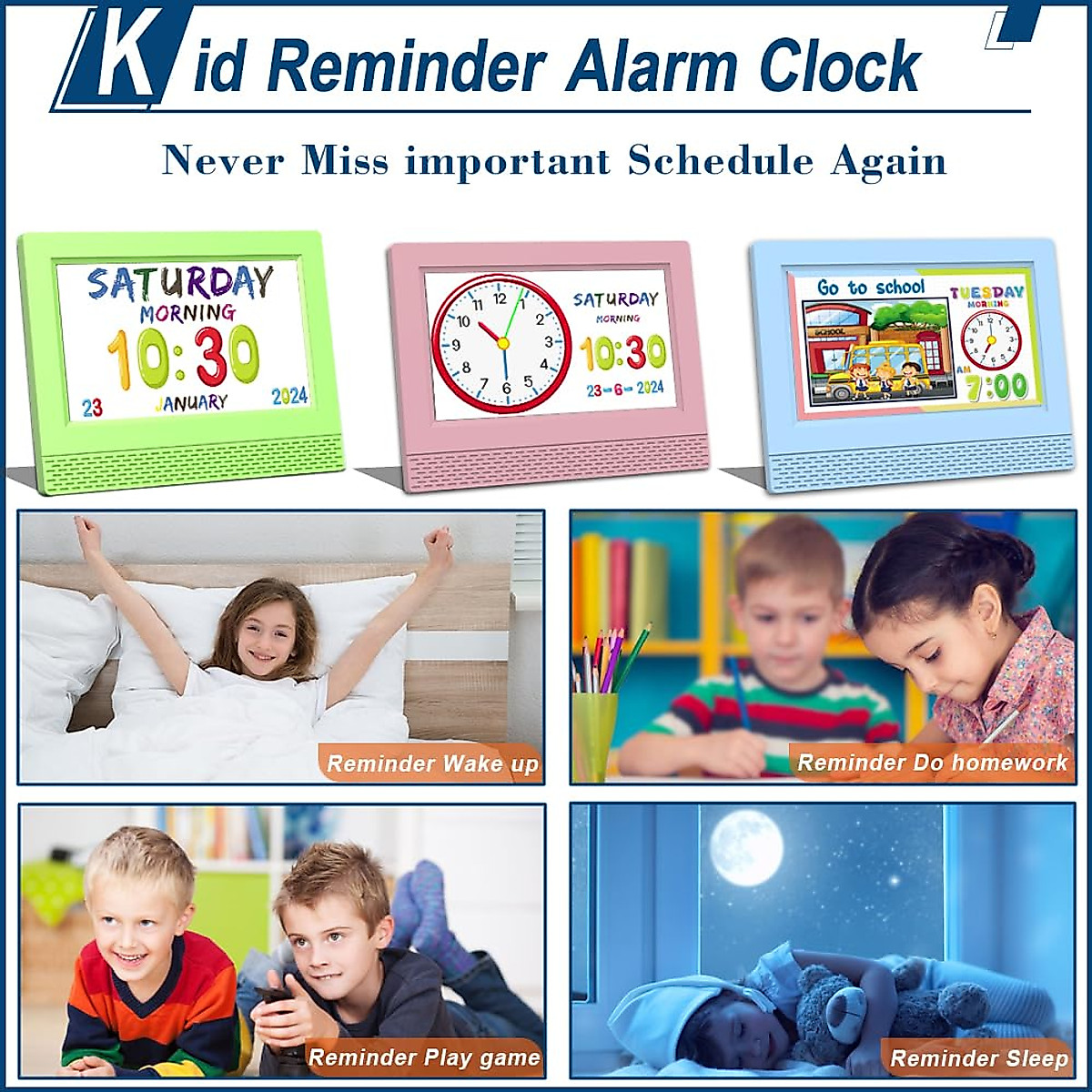Kids Digital Alarm Clock Colorful, 7" Large LED Time Display Children's Sleep Trainer, Eye-Caring Digital Clock for Girls Boys Bedrooms Bedside, 17 Alarm Clock Settings Easy to Use Kids Birthday Gift