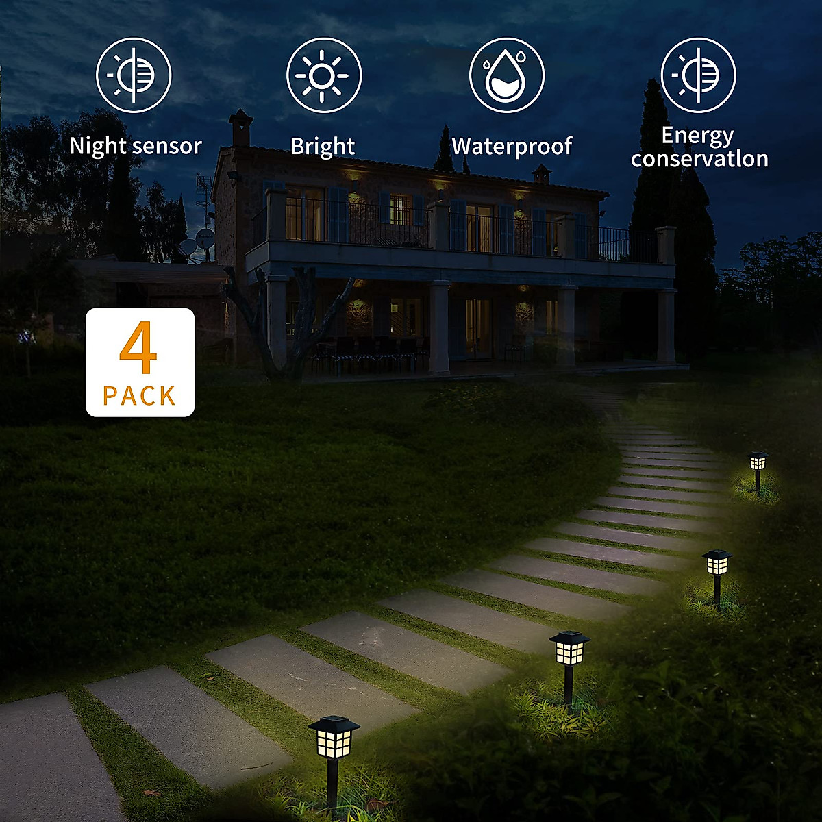 LIGHTSHINE 4 Pack Solar Pathway Lights, Solar Garden Lights outdoor, Waterproof Outdoor Lights for Lawn, Patio, Yard, Walkway, Driveway and Landscape.