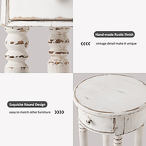 HOMPUS Tall End Table with Drawer, 2 Pieces Rustic Round Side Table with 4 Wood Leg, 2-Tier Nightstand Sets with Hand-Painted Finish, Small Accent Table for Living Room, Bedroom