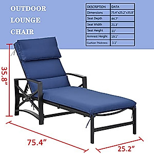 LOKATSE HOME 2 Pieces Outdoor Patio Chaise Lounge Blue Removable Cushions and Pillows with Adjustable Backrest and Armres Reclining Chairs for Beach Poolside Balcony Backyard Garden