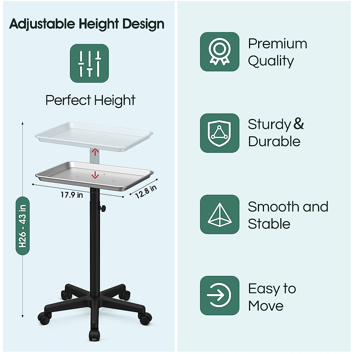 Premium Aluminum Instrument Salon Tray Tattoo Rolling Tray Station-Silver