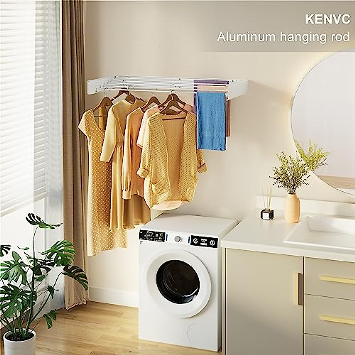 Laundry Drying Rack Collapsible, Wall Mounted, Clothes Drying Rack, 31.4" Wide, 13.2 Linear Ft, 5 Aluminum Rods, 60 lb Capacity, with Wall Template, Screwdriver Bit, Drill Bit ( White 31.4" Medium )