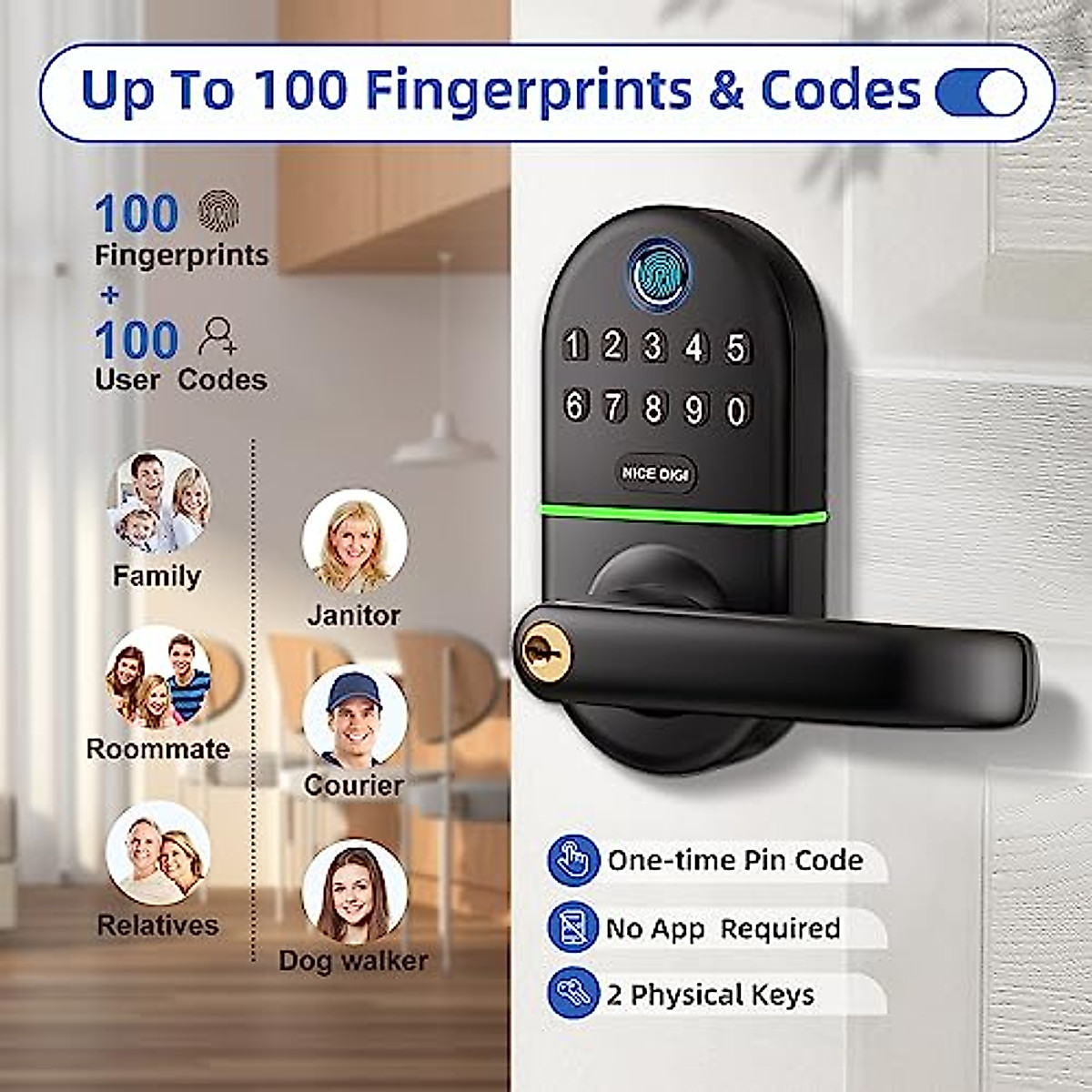 Smart Keypad Door Lock with Handle: Keyless Entry Door Lock for Front Door - Fingerprint Door Lock - Electronic Digital Door Lock - Code Door Lock for Home, Apartment, Office - Easy Installation