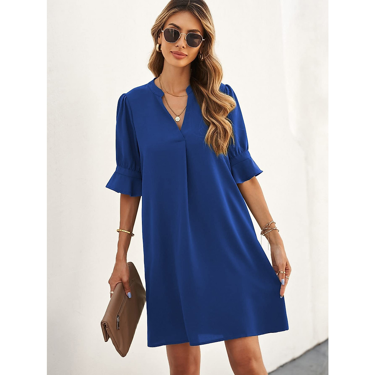 WDIRARA Women's Short Sleeve Notched V Neck Tunic Dress Casual Solid Dresses Royal Blue L