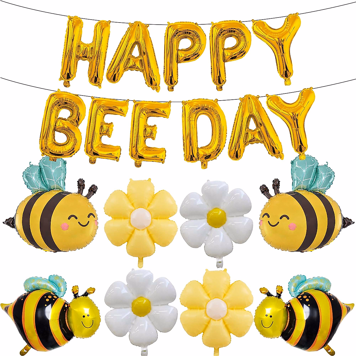 Bee Themed Birthday Party Decorations, Happy Bee Day Balloons Banner, Yellow Bee Foil Balloons Daisy Mylar Foil Balloons for Boys Girls Baby Shower Bee Theme Birthday Supplies