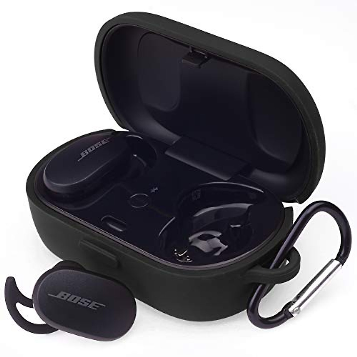 Silicone Case for Bose QuietComfort Earbuds Case (Not Fit for Bose Sport Earbuds) Bose QuietComfort Noise Cancelling Case Cover Anti-Fall Earphone Case with Carabiner (Black)