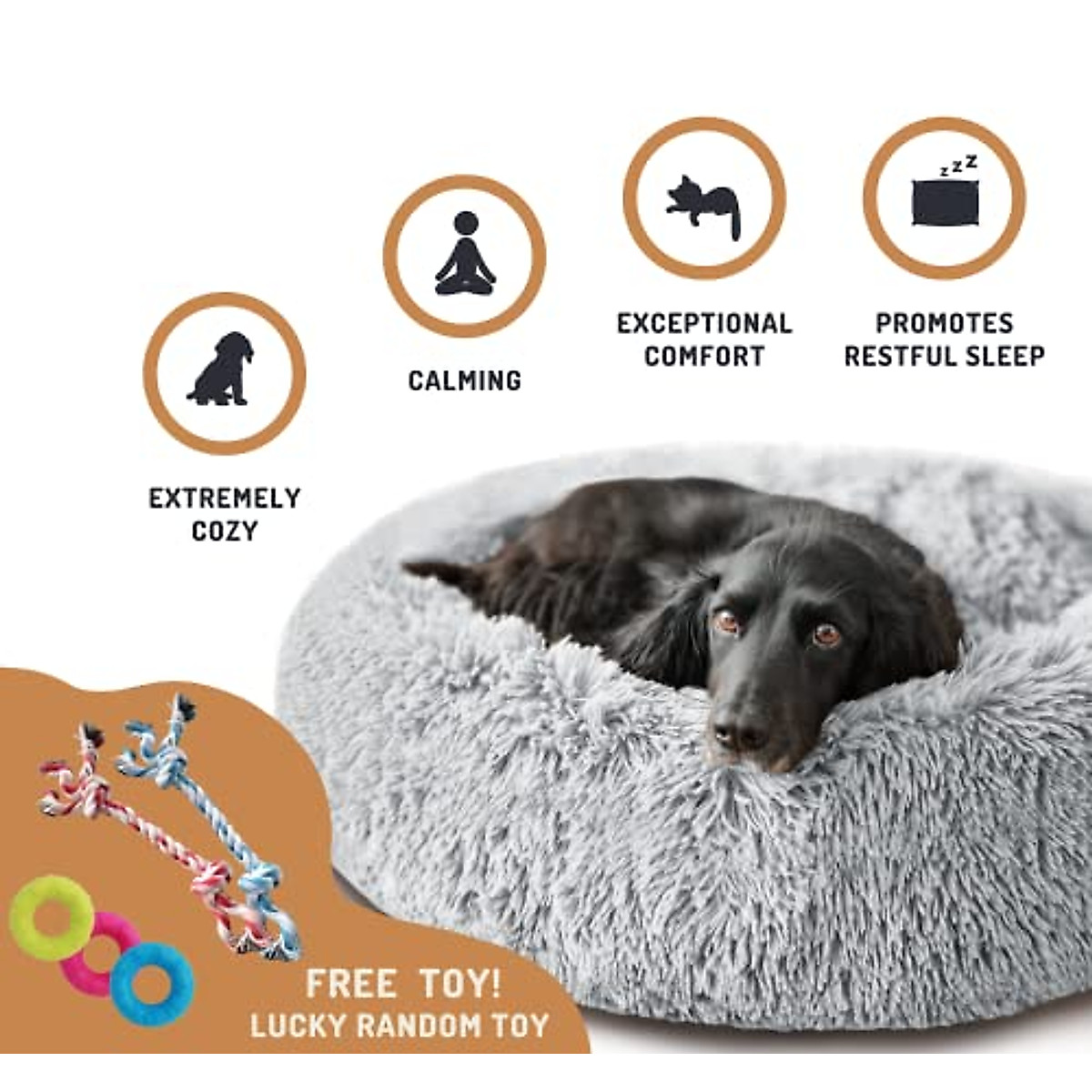 BLUSH PAWS Extra Calming Cozy Round Donut Pet Bed - Anti Anxiety for Cats & Dogs. Orthopedic, Self-Warming Shag or Lux Fur with Nonslip Bottom, Soft, Machine Washable (Medium 32", Frost)