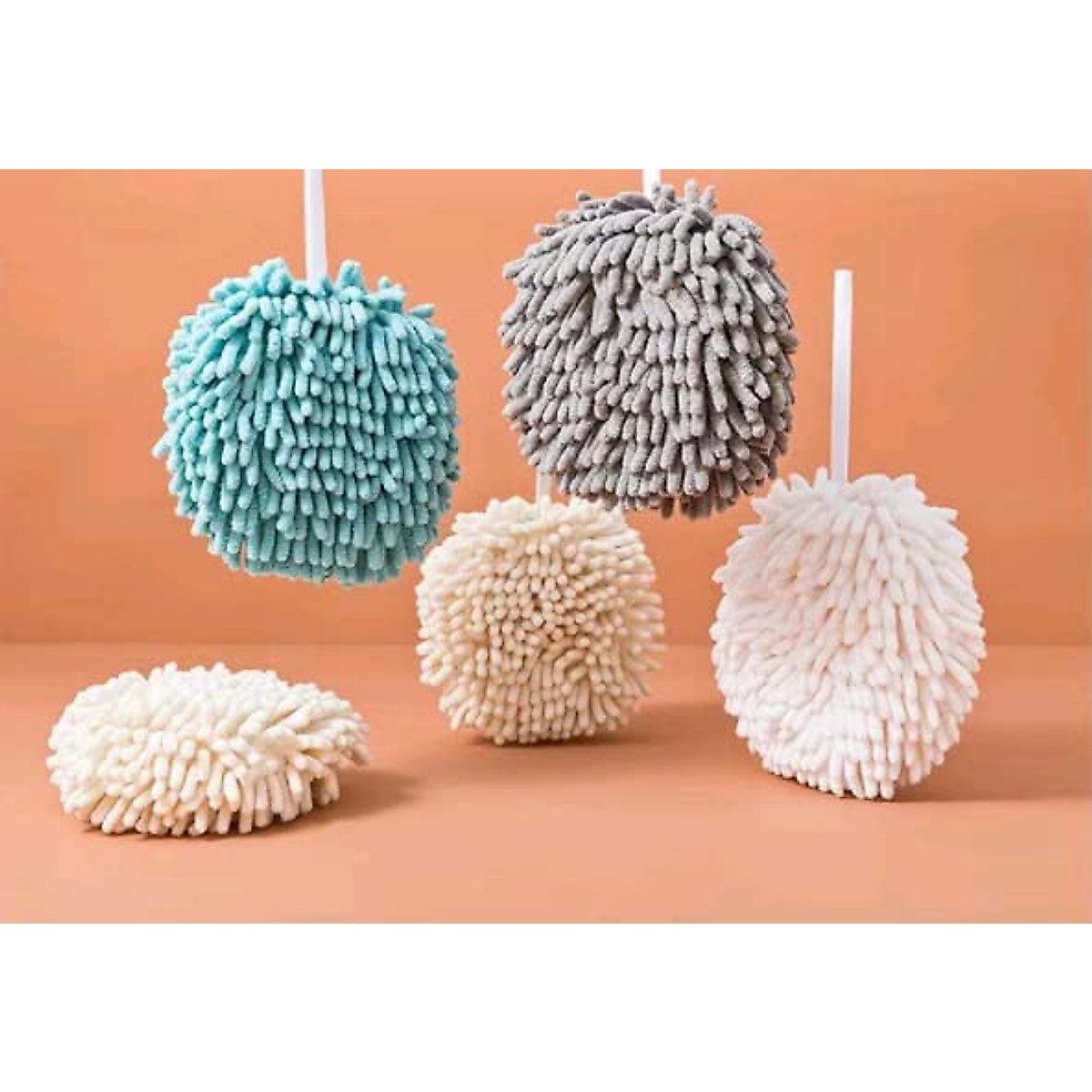 ASEANAO 2 PCS Chenille Hanging Hand Towels Quick Dry Hanging Absorbent Soft Hand Bath Towel, Bathroom Fluffy Microfiber Decorative Towels Ball，Cleaning Cloth for Bathroom Kitchen (Light Blue)