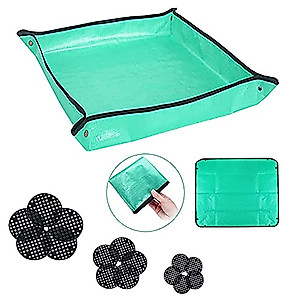 BIUWING 39.4" x 39.4" Plant Repotting Mat, Large Foldable Gardening Mat, Waterproof Transplanting Potting Mat Indoor Outdoor, with 15 Pieces Pot Hole Mesh Pads