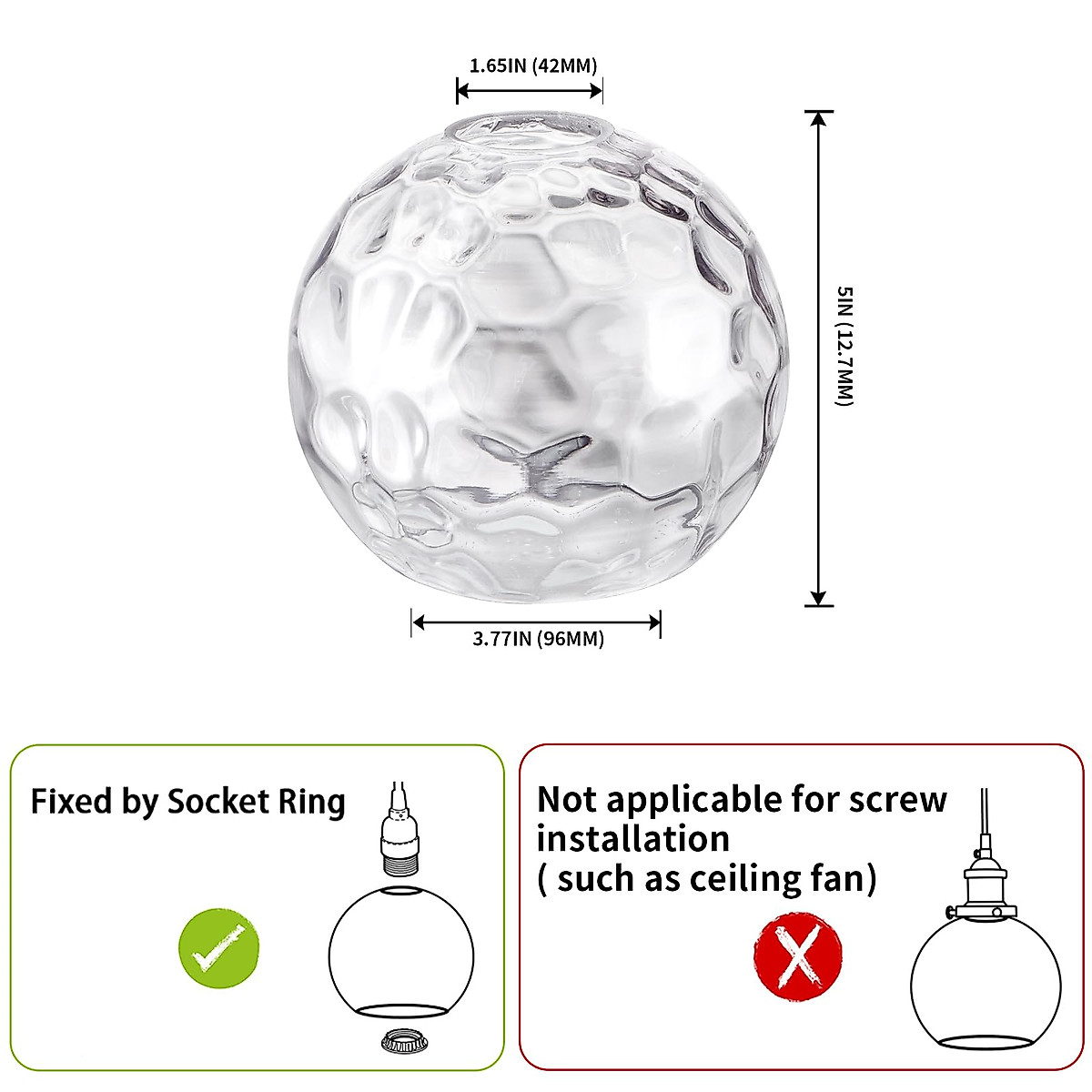 Skelang Hammered Glass Shade, Globe Lampshade with 1-5/8" Fitter Opening, Fixture Replacement Globes for Pendant Light, Lamp, Wall Sconce