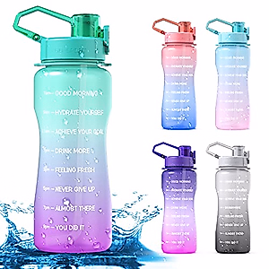 Y&3 64oz Half Gallon Water Bottle with Straw & Time Marker, Leakproof, BPA Free Tritan Water Jug, Motivational Water Bottle with Handle, For Outdoor, Fitness, Gym (Green/Purple Gradient, 64oz)
