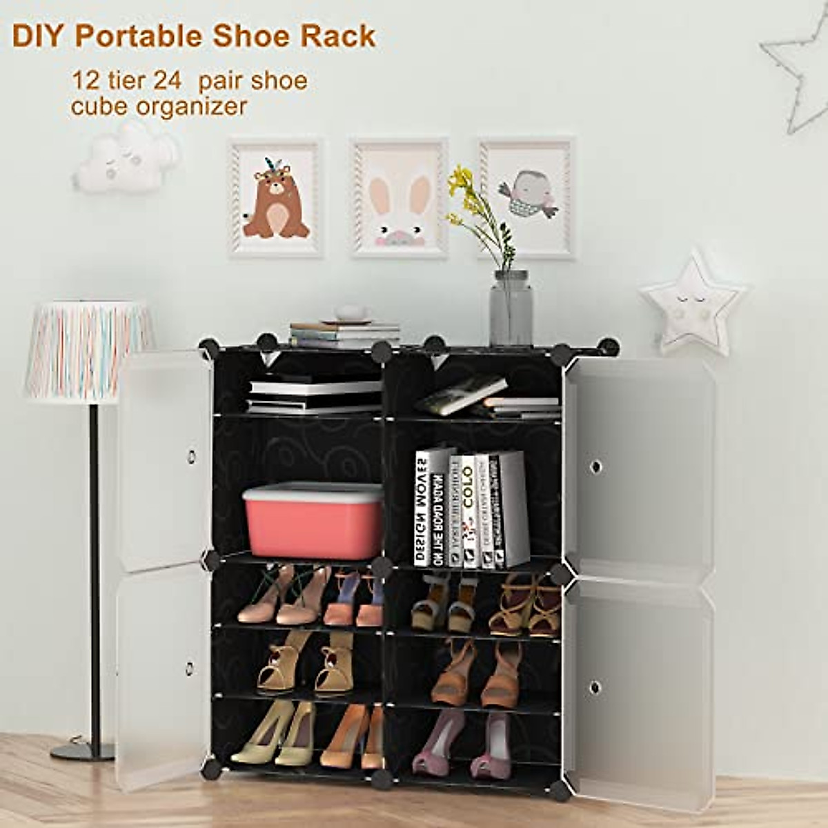 Anenz Shoe Storage Shelf Shoes Cabinet 24 Pair Portable Closet Shoe Rack Shelves Organizer for Closet Entryway ,Free Standing Show Shelf Black Shoes Closet with Doors for for Entryway,Hallway Bedroom
