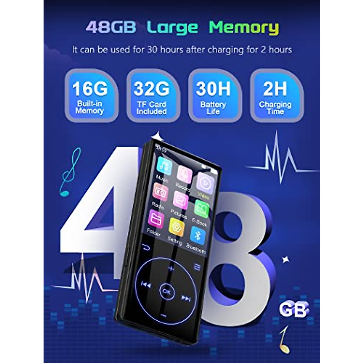 48GB MP3 Player with Bluetooth 5.0: Portable Lossless Sound Music Player with HD Speaker,2.4" Screen Voice Recorder,FM Radio,Touch Buttons,Support up to 64GB for Sport, Earphones Included