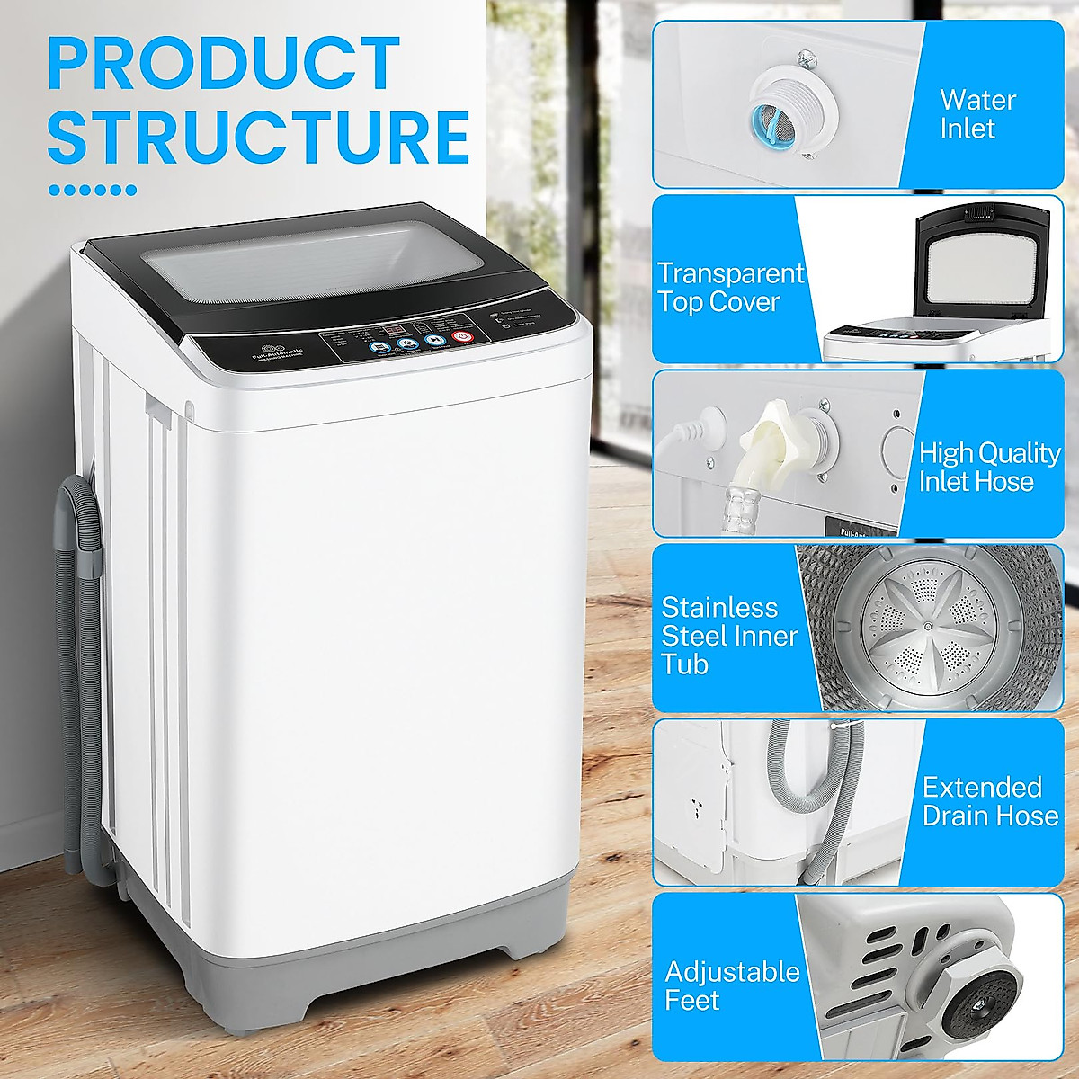 Nictemaw Portable Washing Machine, 17.8Lbs Full Automatic Washing Machine, 2.4 Cu.ft Compact Portable Washer with 10 Programs, 8 Water Levels, Glass Top Lid, Drain Pump, Ideal for Apartment, Home, RVs