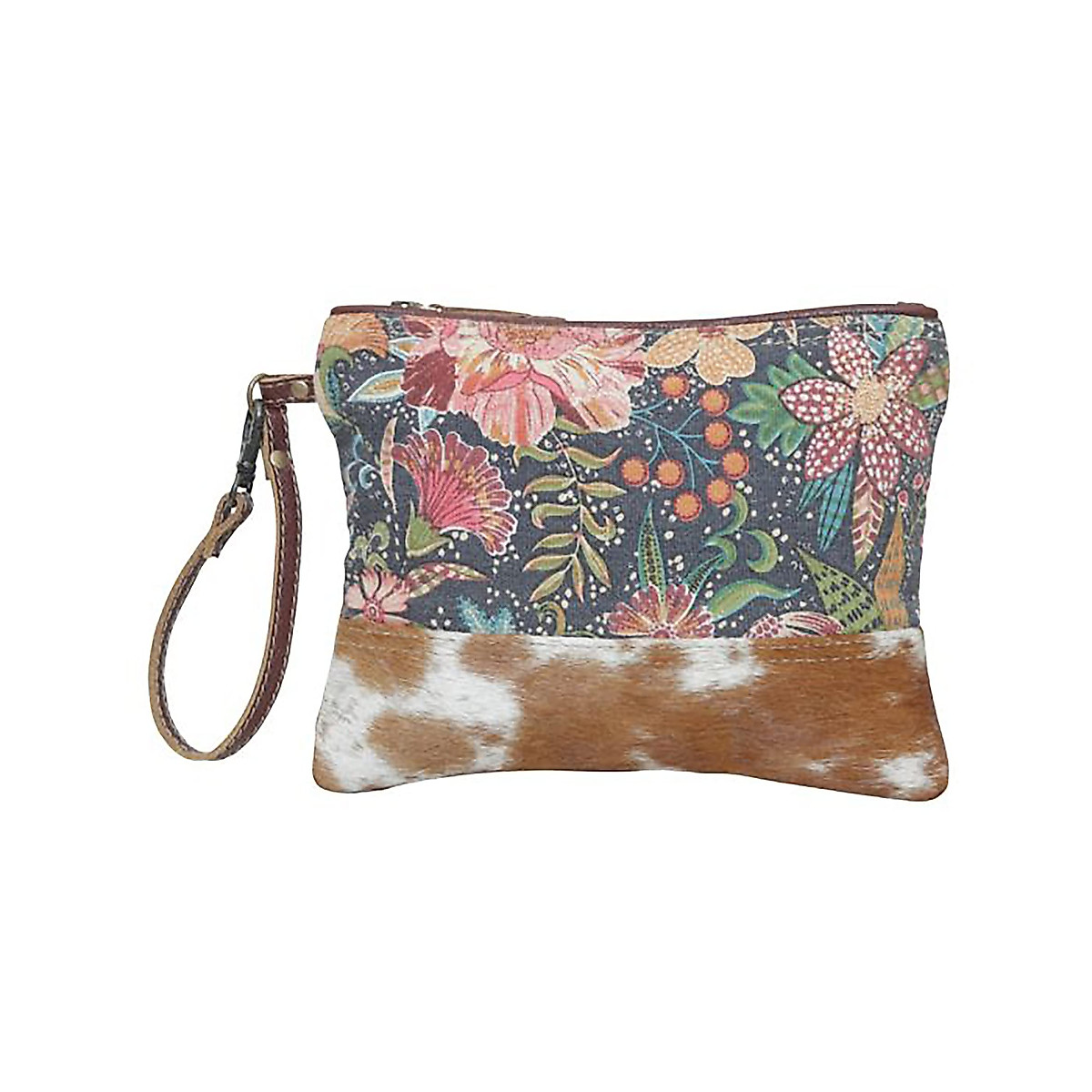 Myra Bag Western Upcycled Pouch Bag for Women - Canvas Hair On Leather Wristlet Handbag Starlit