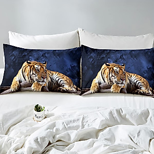 Homewish Tiger Comforter Cover Set 3D Tiger Lying on The Stump Pattern Duvet Cover with Zipper Ties Wild Animal Theme Bedding Set for Kids Boys Teens (1 Duvet Cover + 2 Pillow Cases) Full Size