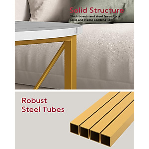 Yusong Round Coffee Table for Living Room, Farmhouse Circle Coffee Table with Storage Shelf, 2-Tier Modern Center Table with White Faux Wooden Tabletop, Gold Metal Frame