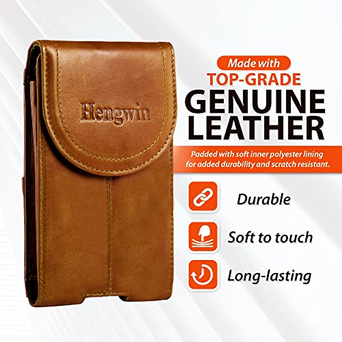 Hengwin Belt Holster for iPhone 14, 13, 12 Genuine Leather Cell Phone Case with Belt Clip Magnetic Closure Belt Loop Phone Pouch for Belt Men (Fits Thin/Medium Case on) (Brown)