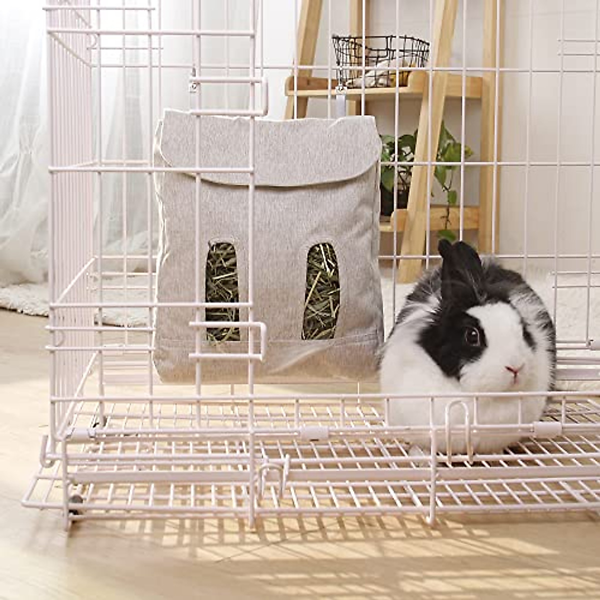 Rabbit Hay Feeder Bag, Guinea Pig Hay Feeder Storage,Sack Hay Bag Feeding Bag Hay Feeder Storage for Chinchilla Hamsters Rabbit Guinea Pig Small Animals (L, Grey)