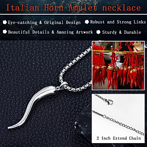 Italian Horn Necklace 925 Sterling Silver Lucky Chili Pendant Italian Amulet Jewelry Silver Italian Horn Charm Protection Cornicello Gift for Men Women Father’s Day