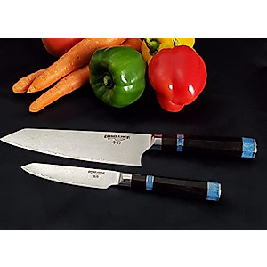 Ergo Chef Limited Series 2pc. Damascus Japanese VG10 8-inch Kiritsuke Knife and 5 inch Utility knife Set, Ebony and Blue Stabilized Wood Handles Includes Wooden Gift/Storage Box