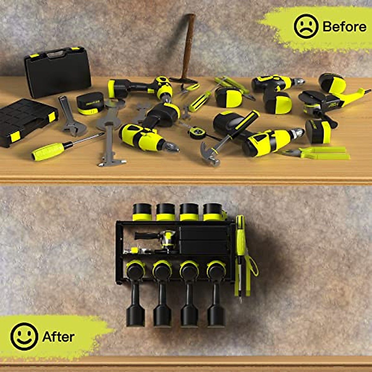 hannger Power Tool Organizer Wall Mount, 3 Layers 4 Holes Drill Organizer Wall Mount, Includes Drill Organizer Wall Mount and Tool Shelf for Maximum Efficiency