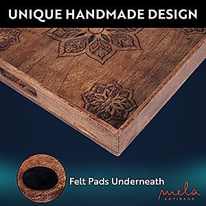 Mela Artisans TV Ottoman Wooden Serving Tray - Medium Polish | Decorative Mango Wood | Rustic Farmhouse Decor | Use to Serve Breakfast in Bed | Transports Food, Coffee and Tea | 19" x 19” x 2.5”