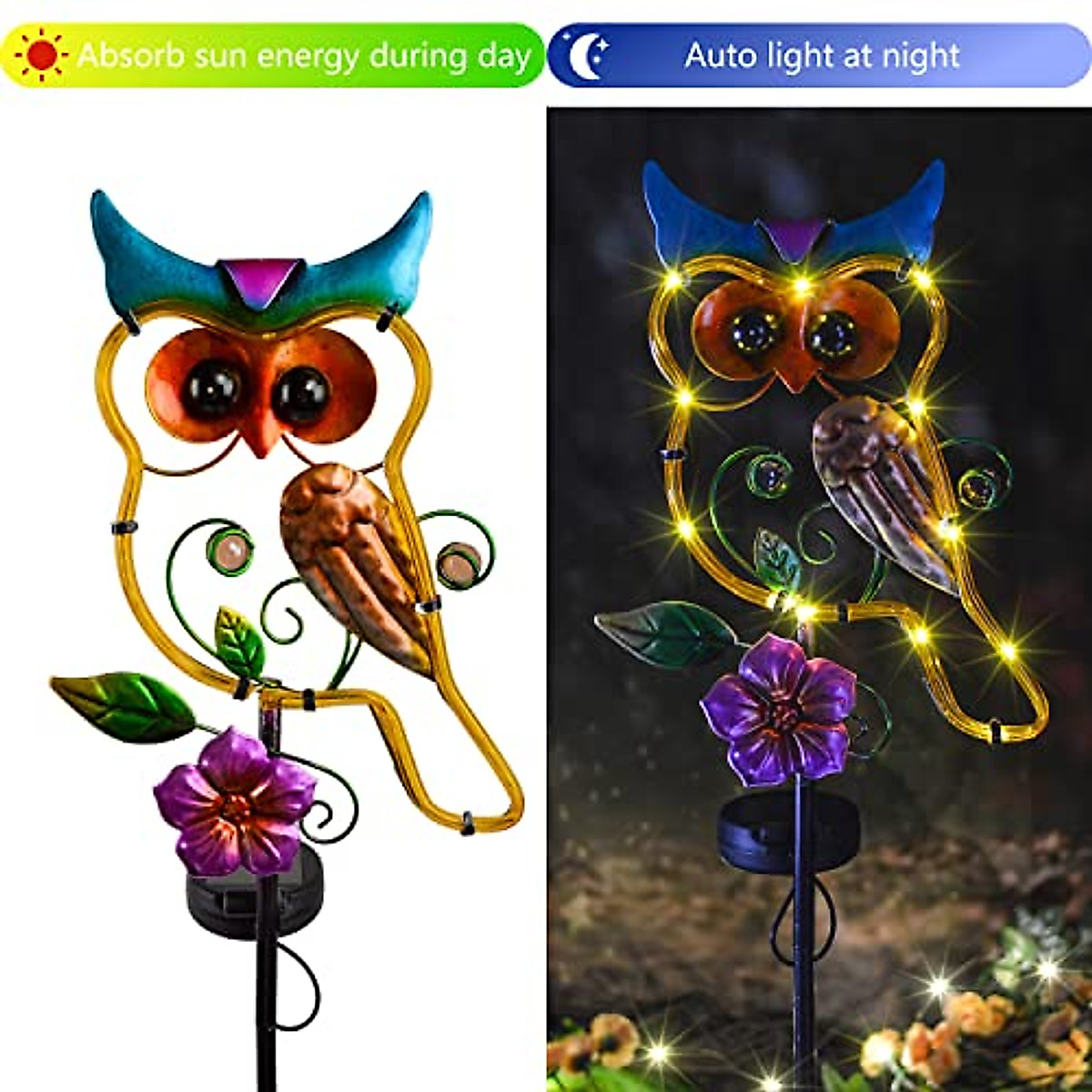 Elfengarden Garden Solar Lights Outdoor Decor - Metal OWL LED Decorative Garden Stake Lights for Walkway, Pathway, Yard, Lawn - Waterproof Solar Powered Patio Art Decor Lights