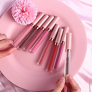 QiBest 7Pcs Matte Liquid Lipstick and 1Pcs Lip Plumper Makeup Set, Pigmented Waterproof Halloween Lip Make Up Valentine's Day Gift Lip Gloss Sets Long Wearing Velvet Lip Kit for Teens & Women