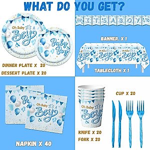 Blue Baby Shower Decorations for Boy, It's a Boy Baby Shower Party Supplies with Baby Boy Plates Napkins Cups Banner Tablecloth for Baby Boy Gender Reveal Baby Shower Party Decor