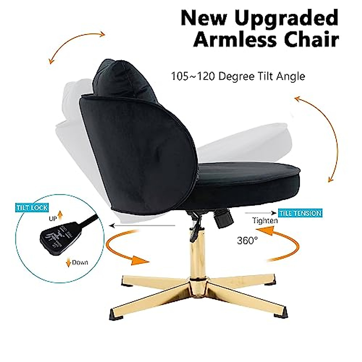 Pvillez Office Desk Chair No Wheels Polyester Fabric Armless Home Office Desk Chair Office Chair Vanity Chair Adjustable Swivel Home Office Computer Chair Task Chair with Pillow and Gold Base (Black)