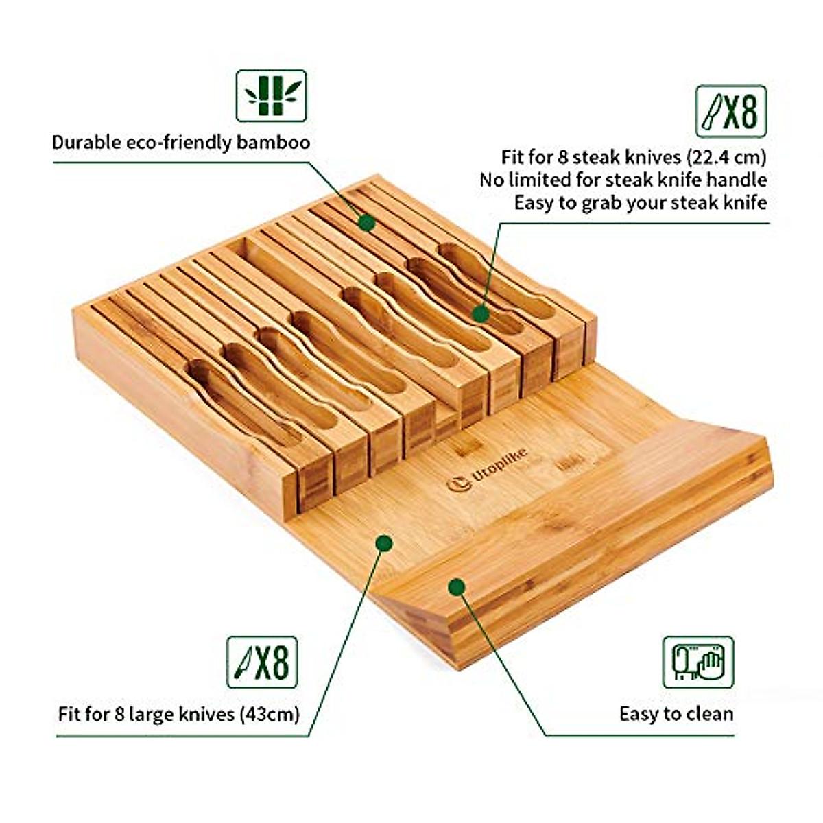 Utoplike In-Drawer Bamboo knife block, Drawer Knife Set Storage, Knife Organizer and Holder with Slots for 16 Knives and 1 Sharpening Steel (Not Included)-Kitchen Drawer, Counter Top