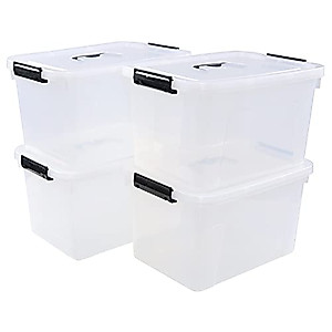 Yesdate 4 Pack 10.5 Quart Plactic Storage Latch Bin, Lidded Box with Black Handle, Clear
