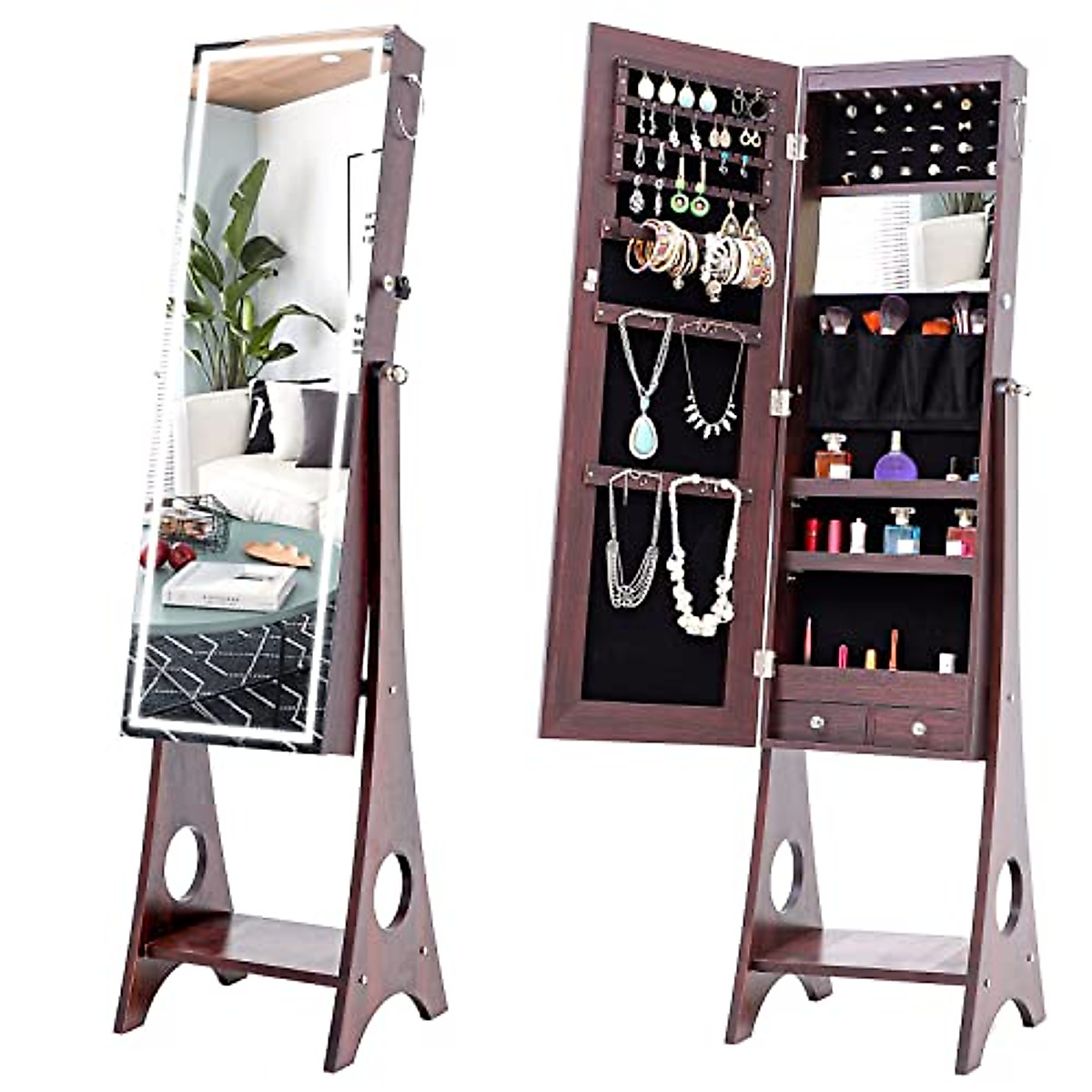 BOSTANA 6 Led Jewelry Cabinet Mirror Standing, Jewelry Organizer Touch Control & 4 Adjustable Angle,Full Length Mirror Jewelry Armoire With Storage Rack & Lockable Mirror For Livingroom,Gift