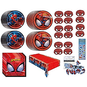 Unique Spiderman Birthday Party Supplies Bundle Pack includes Dessert Cake Paper Plates, Lunch Plates, Napkins, Table Cover, Paper Masks, Confetti (Bundle for 16)