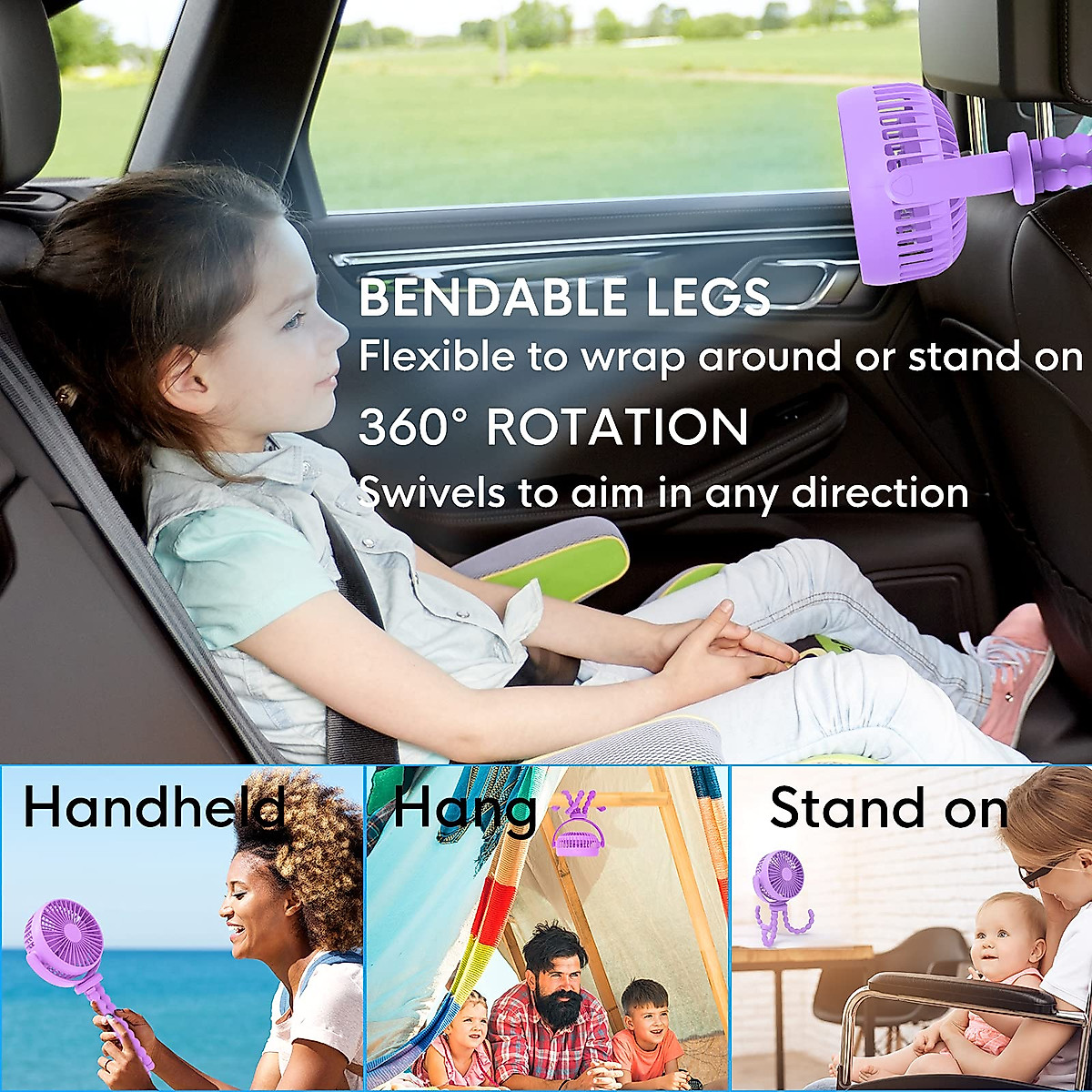 BIDLOTCUE Stroller Fan, Used As Power Bank, 42Hrs 8000mAh Rechargeable Battery Operated Fan, Small Clip On Fans For Baby Stroller, Car Seat, Bed, Golf Cart, Beach, Peloton Bike, Portable Fan