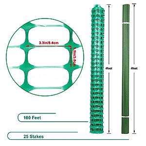 Temporary Garden Fence, Snow Fence, Plastic Safety Fence 4’ x100’ with 25 Steel Fence Stakes & Zip Ties –Temporary Fencing,Plastic Netting Mesh Barrier for Dogs Chickens, Small Animal and Plants