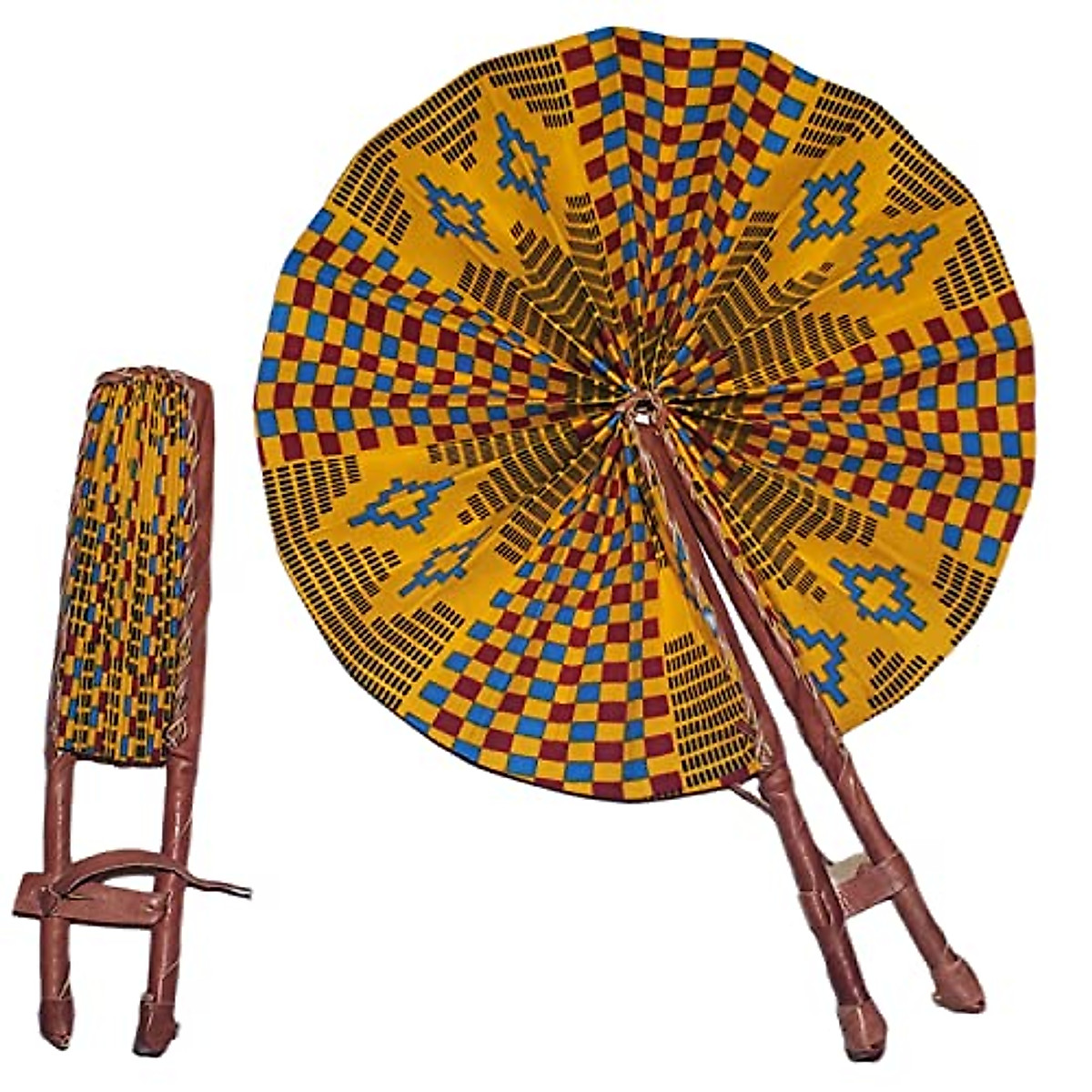 African Fabric Folding Fan: Church, Ankara, Multicolor, kente, Leather, Wedding, Sports, and Pouch Included
