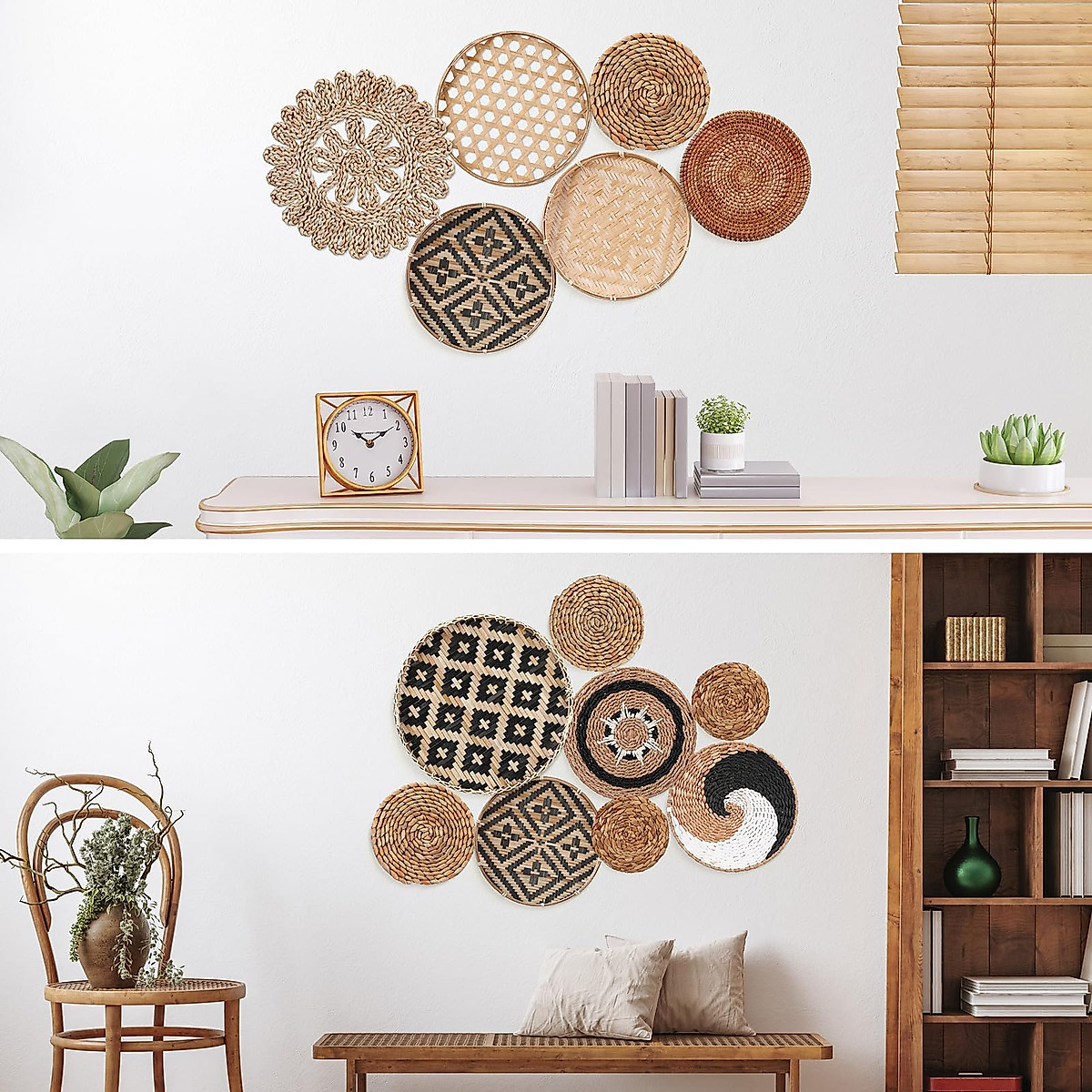 Set of 14 Boho Wall Basket Decor Round Flat Bamboo Rattan Basket Decorative Hanging Woven Basket with Macrame Tassels Handmade Wall Tapestry for Bedroom Living Room Kitchen Farmhouse Crafts