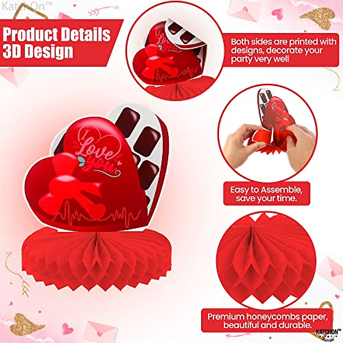 KatchOn, Valentine Honeycomb Centerpieces - Pack of 9 | Red and Pink Valentines Decorations for Party | Valentines Day Decorations for Table | Valentines Centerpieces for Valentines Table Decor