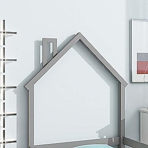 Twin Size Montessori Wood Floor Bed with House-Shaped Headboard and Fences, Full Platform Bed for Kids,Girls,Boys, Low to Ground Height, No Box Spring Needed (Grey)
