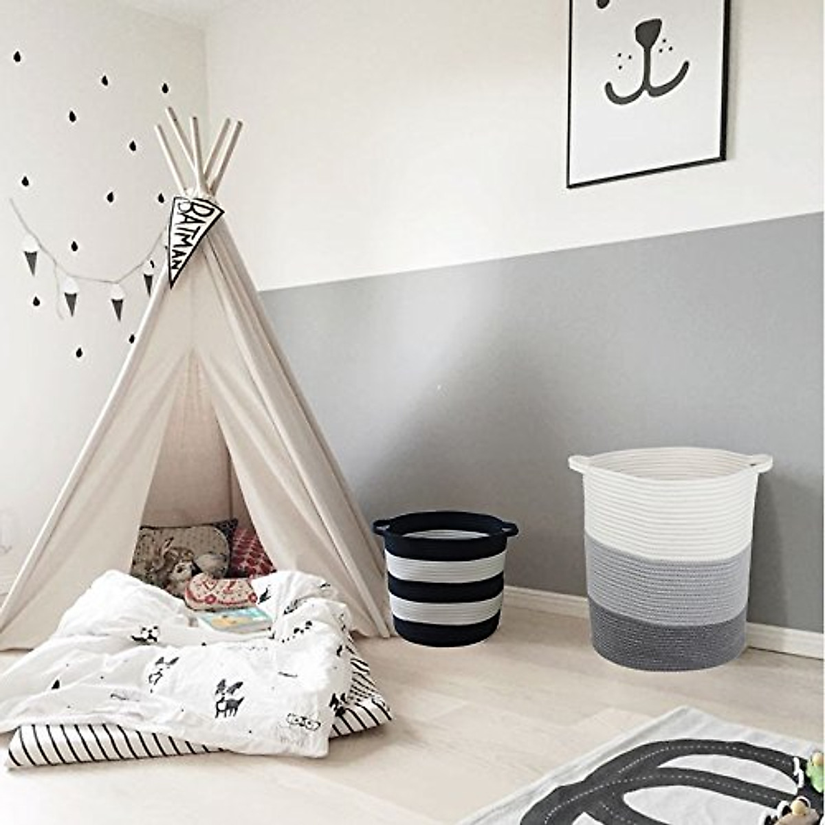 Orino 18"x16" Extra Large Storage Baskets with Handle-Cotton Rope Laundry Basket-Toy Storage Organizer-Soft Baby Kid Nursery Hamper Organizer-Tall Woven Basket Toy Storage Bin(Black+Grey+Beige)