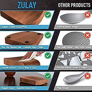 Zulay Acacia Wood Spoon Rest For Kitchen - Smooth Wooden Spoon Holder For Stovetop With Non Slip Silicone Feet - Perfect Holder For Spatulas, Spoons, Tongs & More