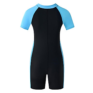 karrack Girls and Boys One Piece Rash Guard Swimsuit Kid Water Sport Short Swimsuit UPF 50+ Sun Protection Bathing Suits Black- Blue (Size 8-10Years)