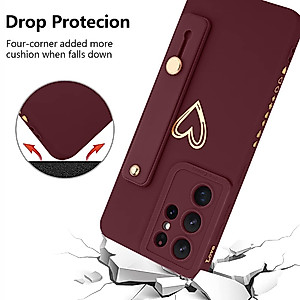 Fiyart Designed for Samsung Galaxy S21 Ultra Case with Phone Stand Holder Cute Love Hearts Protective Camera Protection Cover with Wrist Strap for Women Girls for Galaxy S21 Ultra 6.8"-Wine Red