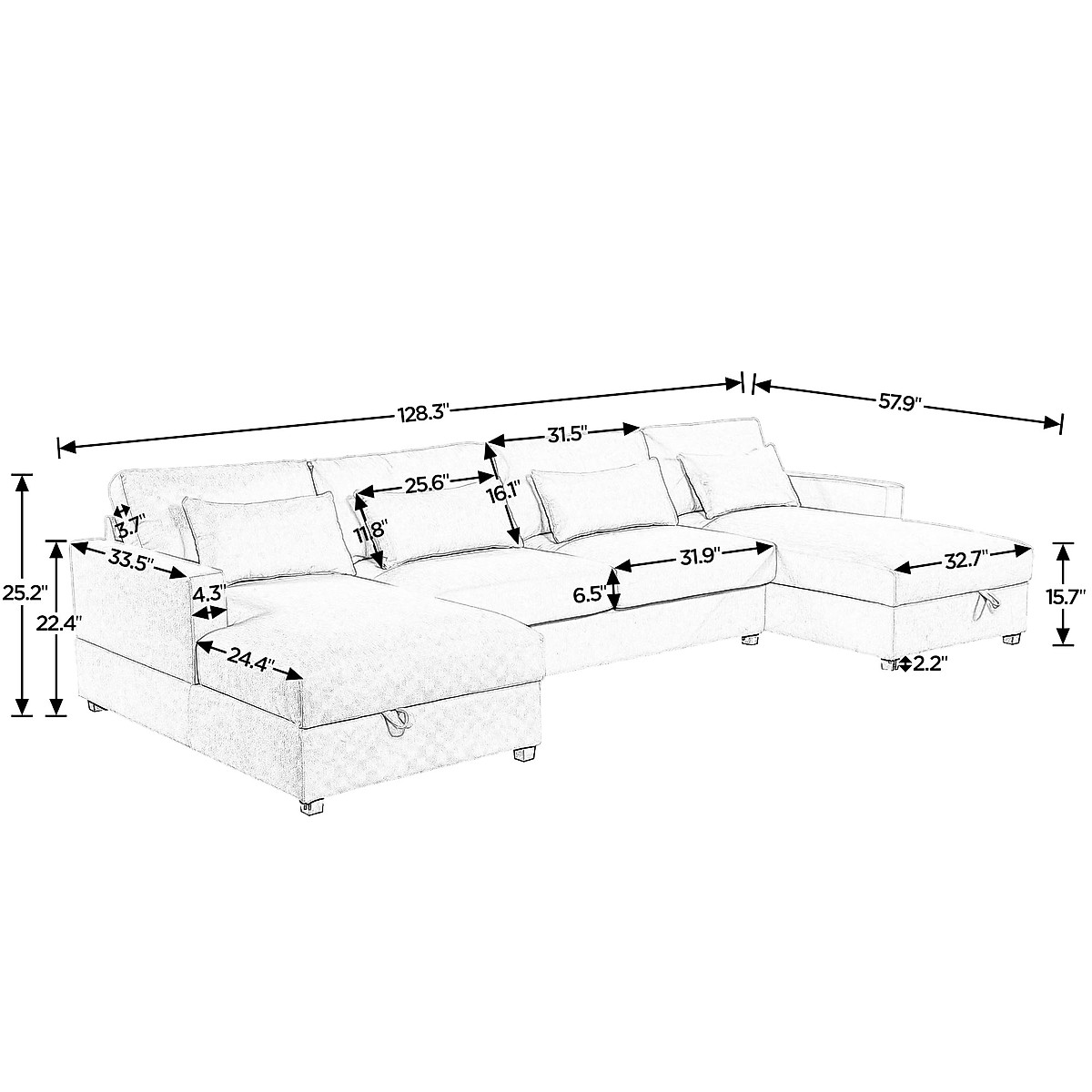U Shaped Couch Sectional Sofa with Storage Oversized Sectional Couch with Double Chaise Lounge Modern 6 Seat Cloud Couch with 4 Lumbar Support Pillows for Living Room, Beige