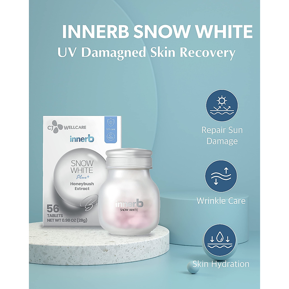 Innerb Snow White (28 Servings, 4 Weeks) - UV Protection and Antioxidant Boost, Premium Korean Skincare Supplement by CJ Wellcare. Honeybush Extract, Vitamin C.