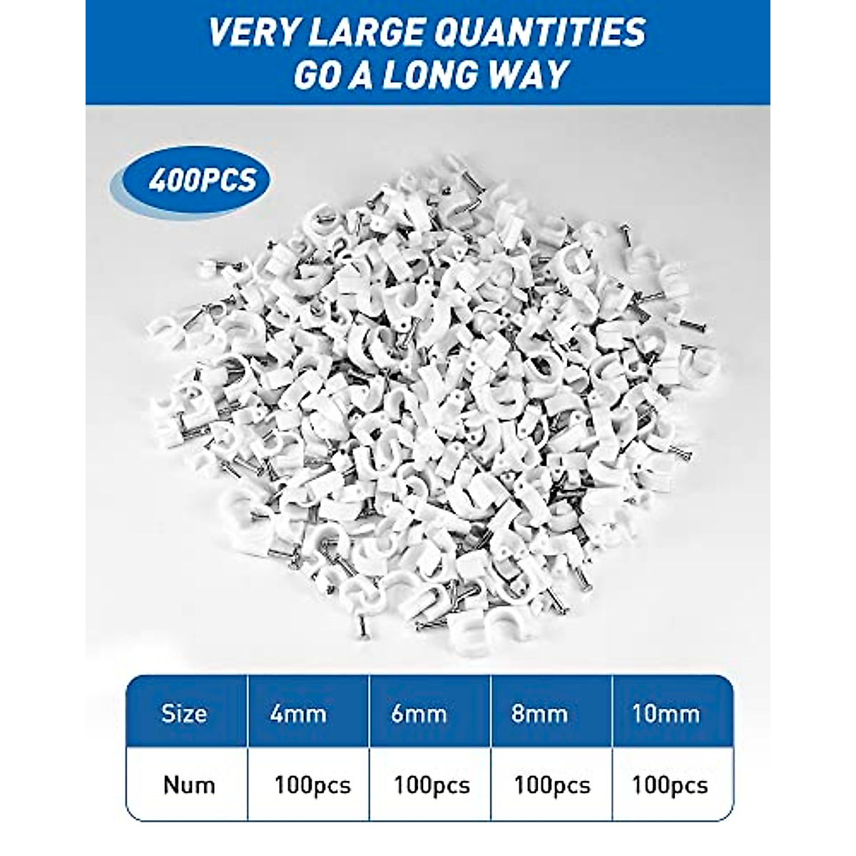 400pcs Cable Wire Clips Circle Cable Clips with Steel Nail 4、6、8、10mm Management RG6 RG59 CAT5 CAT6 RJ45 Electrical Ethernet Dish TV Speaker Cord Tie Holder Single,White Plastic,Coax,Coaxial Clamps