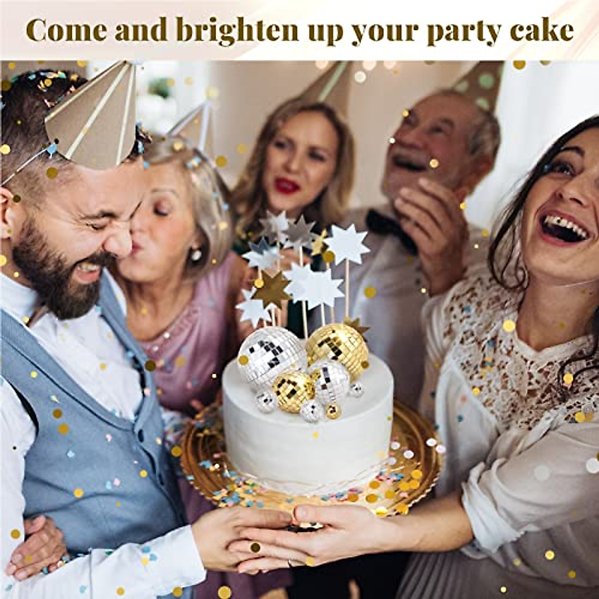 Ayfjovs 18 PCS Disco Ball Cake Decoration Disco Ball Cake Toppers Disco Table Decoration Cake Centerpiece with Confetti Decor 70s Disco Themed Cake for Birthday Theme 70s Party Supplies(Silver&Gold)