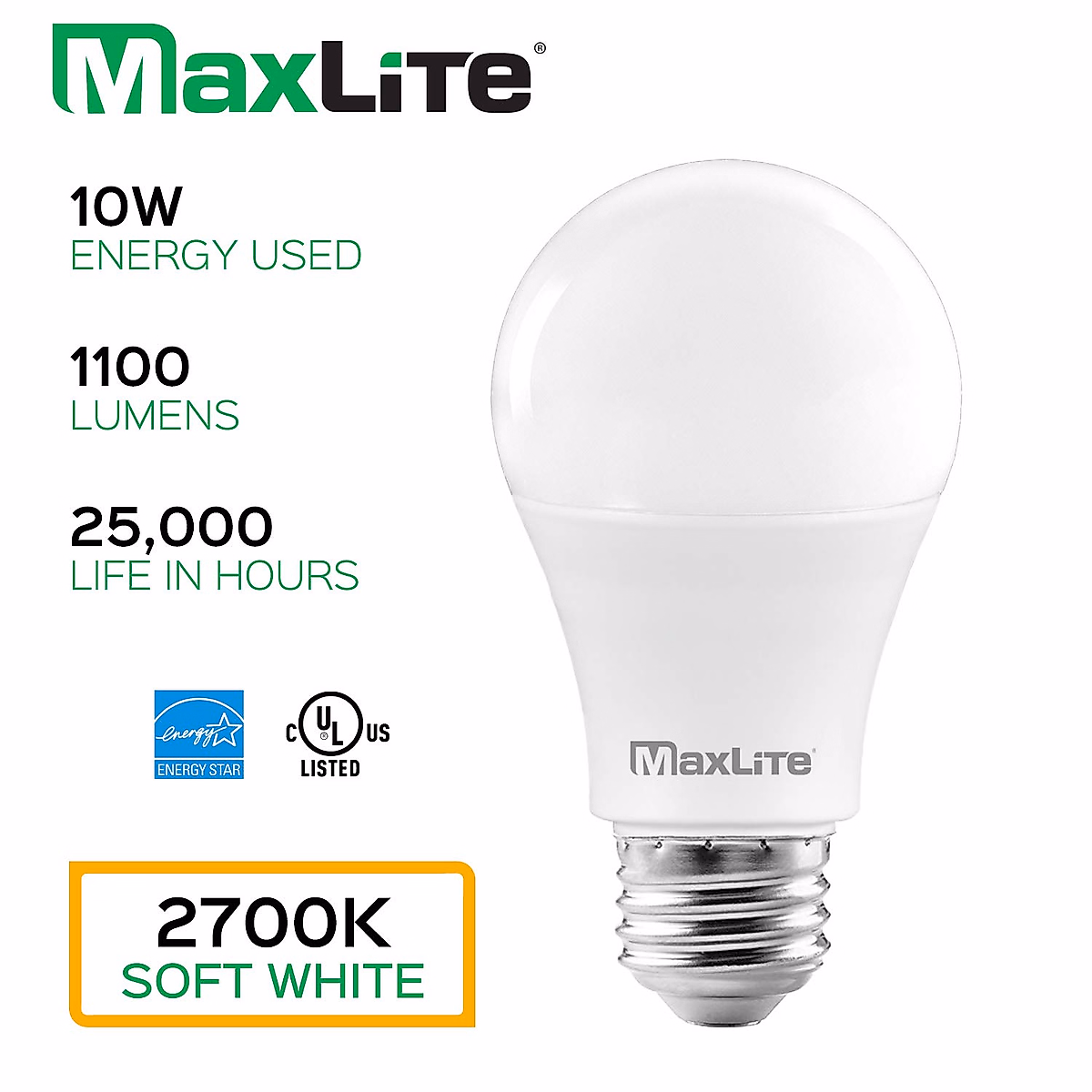 Maxlite A19 LED Bulb, Enclosed Fixture Rated, 75W Equivalent, 1100 Lumens, Dimmable, E26 Medium Base, 2700K Soft White, 12-Pack